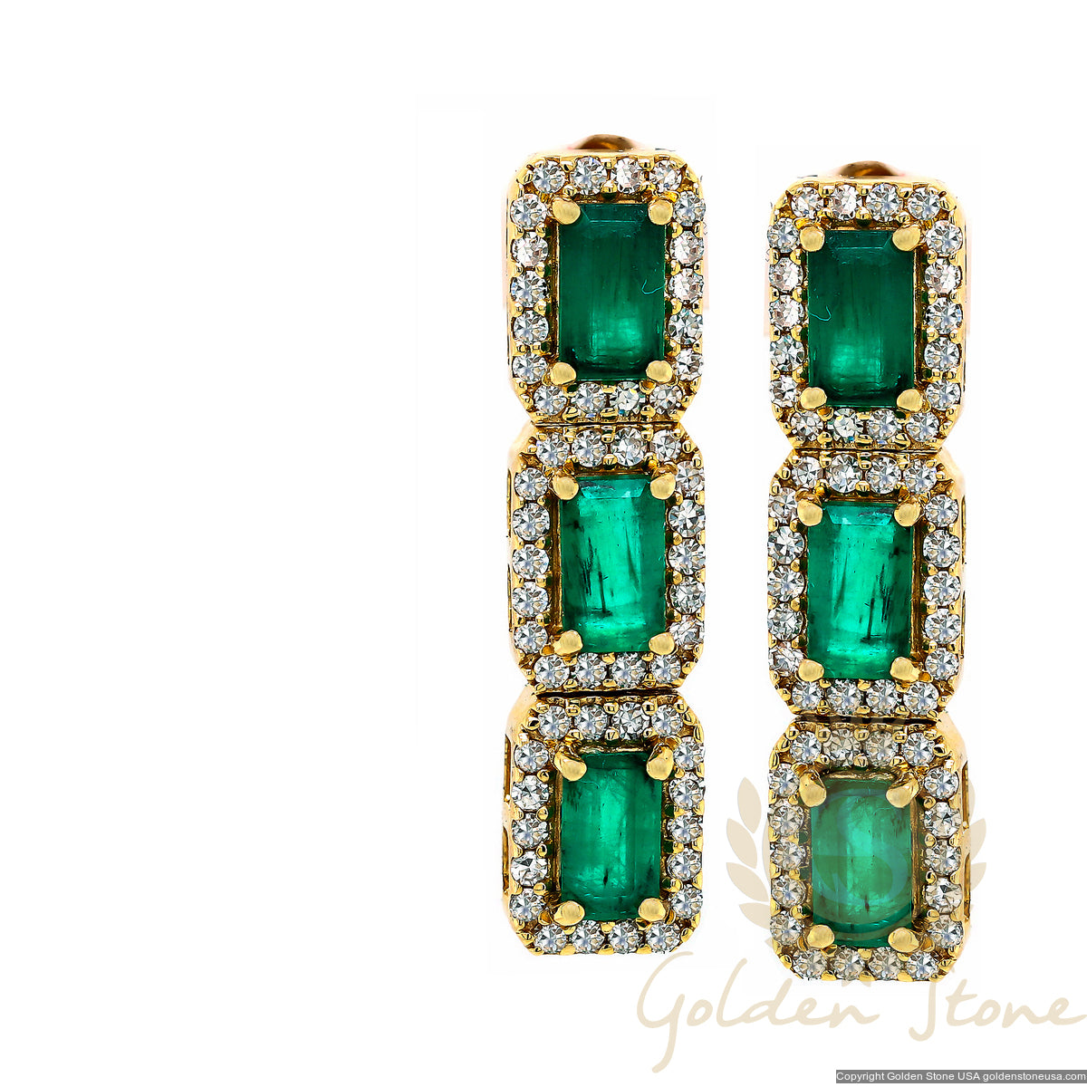 Emerald Diamond Bezel Bar Earrings in 14K Yellow Gold – Golden Stone